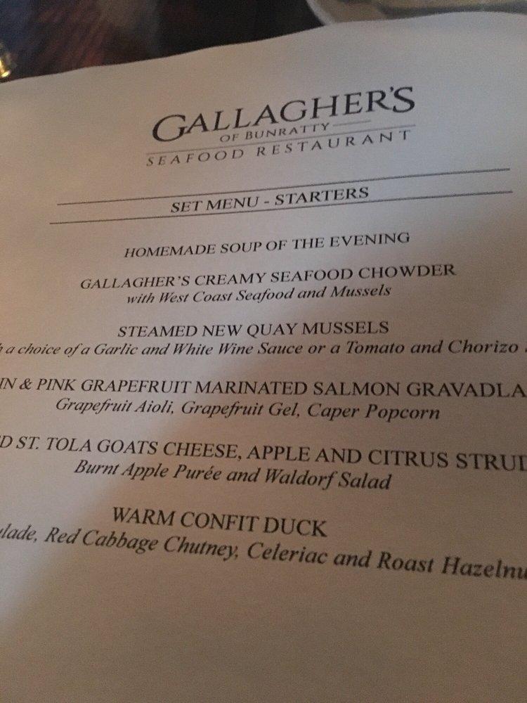 Menu at Gallagher's of Bunratty restaurant, Bunratty