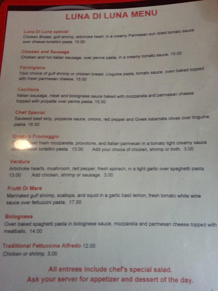 Menu at Luna Di Luna restaurant, Bloomington