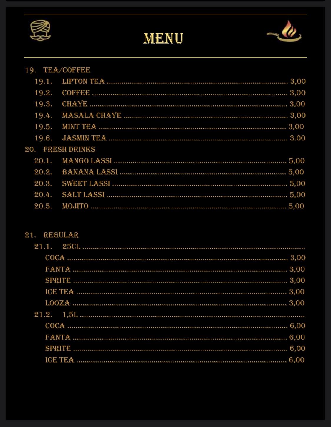 Menu at Curry Masala, Mechelen