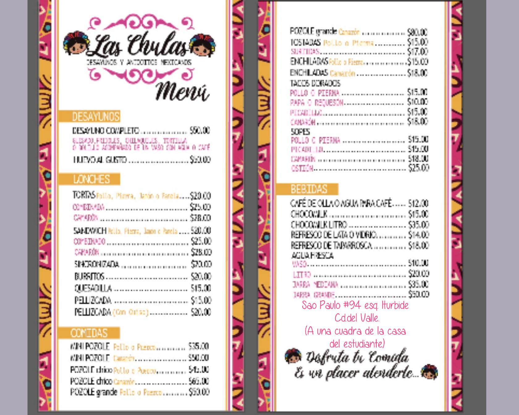 Menu at Las Chulas restaurant, Tepic