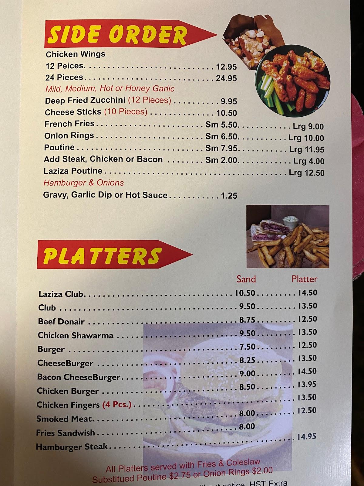 Menu at Laziza Pizza restaurant, Ottawa