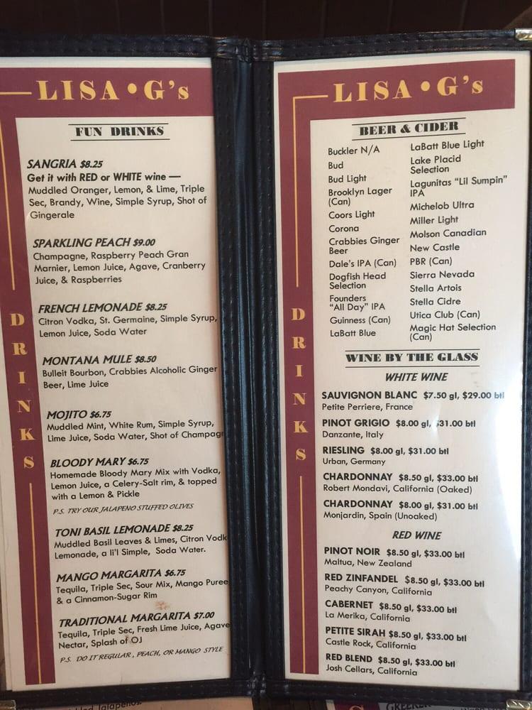 Menu at Lisa G's restaurant, Lake Placid