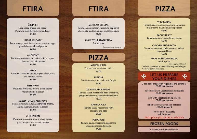 Menu at Mekren's Bakery, Nadur