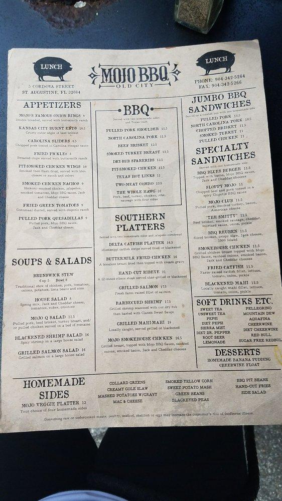 Menu at Mojo Old City BBQ, St. Augustine