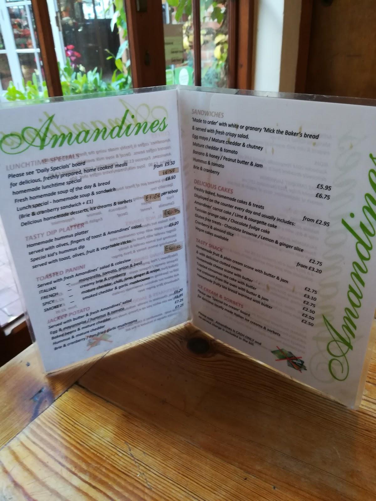 Menu at Amandines Cafe Restaurant, Diss