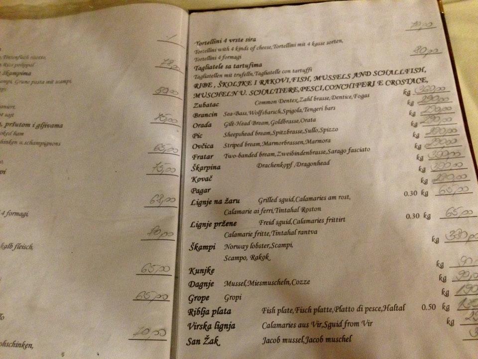 Menu at Apartments Paradiso restaurant, Vir