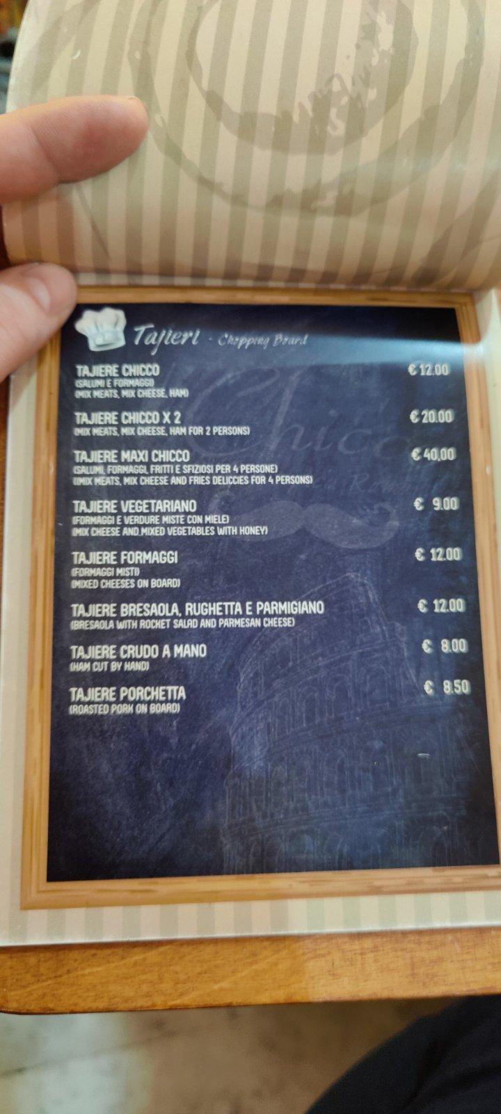 Menu at Da Chicco pizzeria, Rome