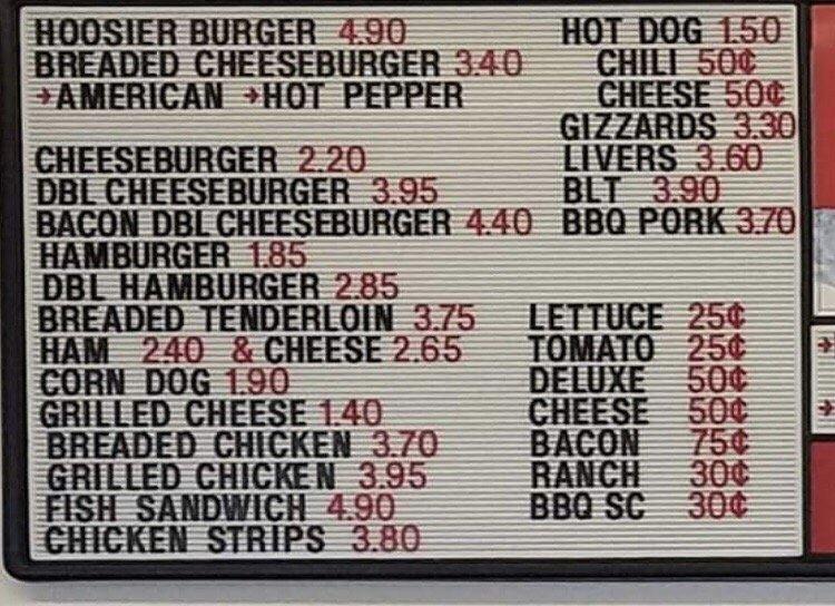 Menu at Hoosier Drive-In restaurant, Huntington