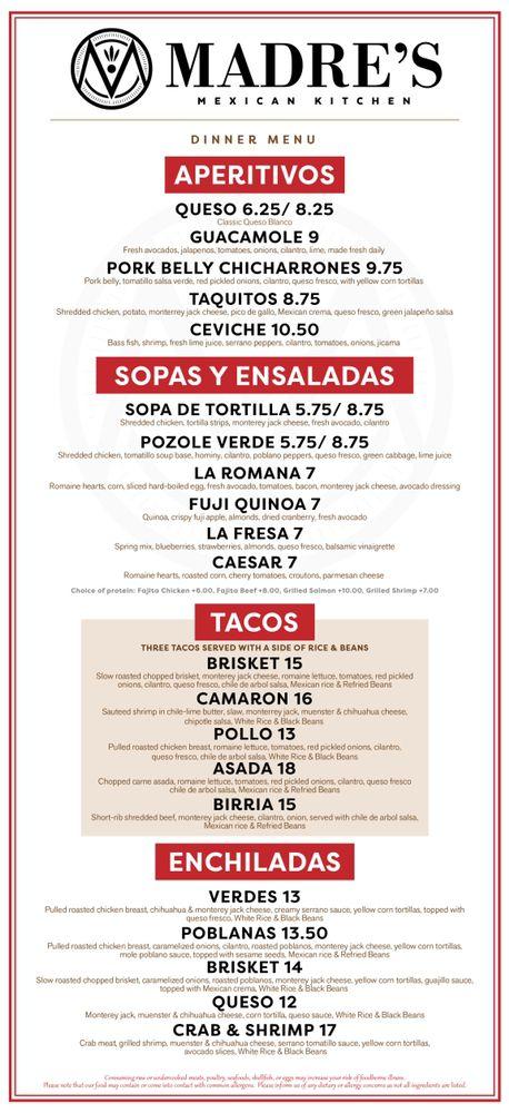 Menu at Madre's Mexican Kitchen restaurant, Tulsa