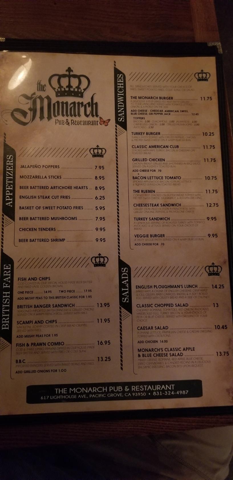Carta de The Monarch Pub and Restaurant, Pacific Grove