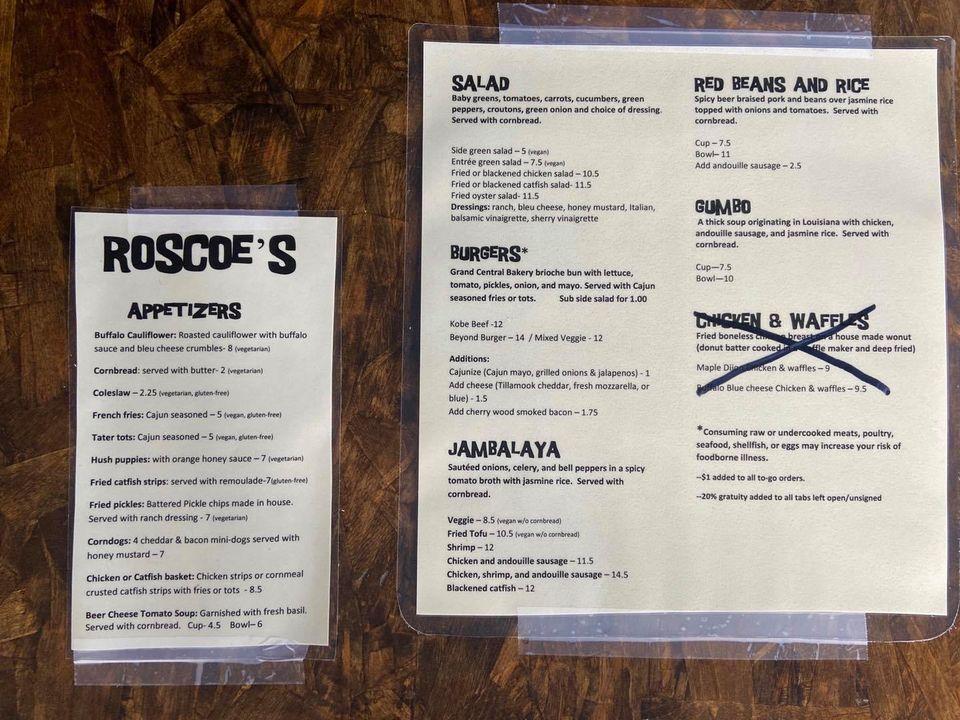 Menu at Roscoe's pub & bar, Portland