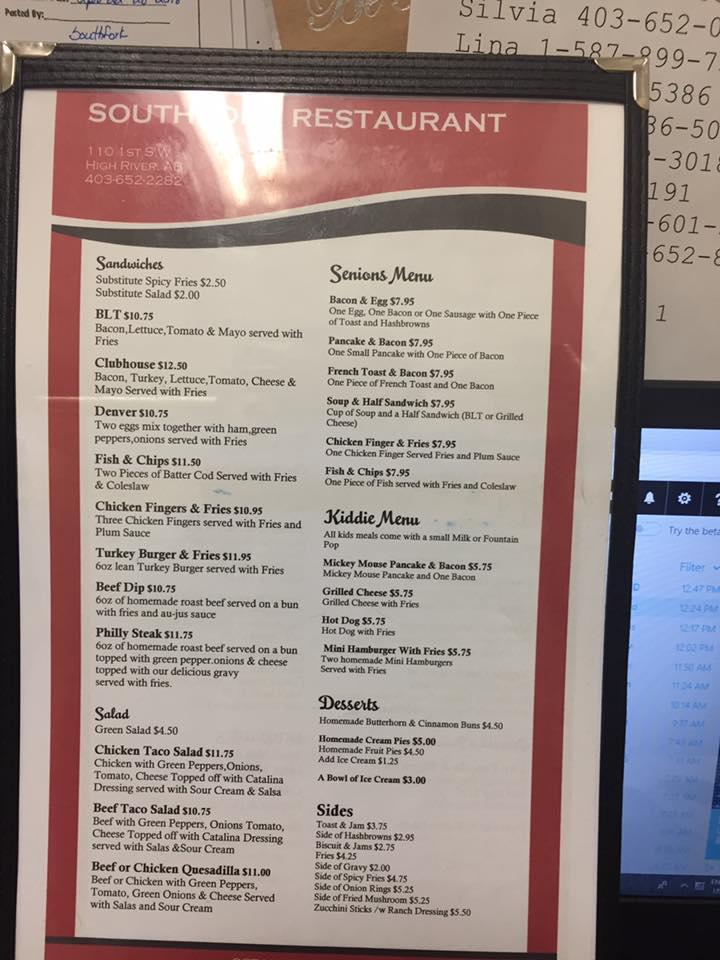 Menu at Southfork restaurant, High River
