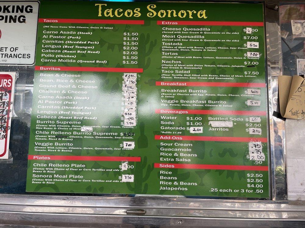 Menu at Tacos Sonora restaurant, Mariposa