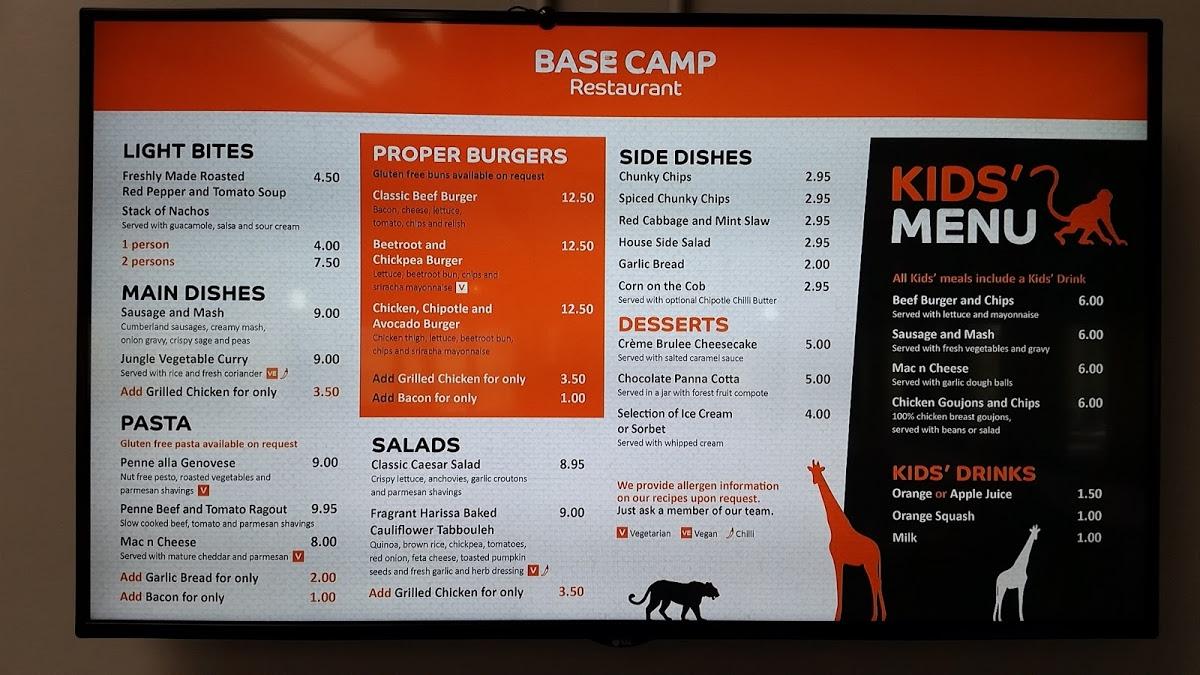 Menu at ZSL Base Camp Restaurant, Dunstable