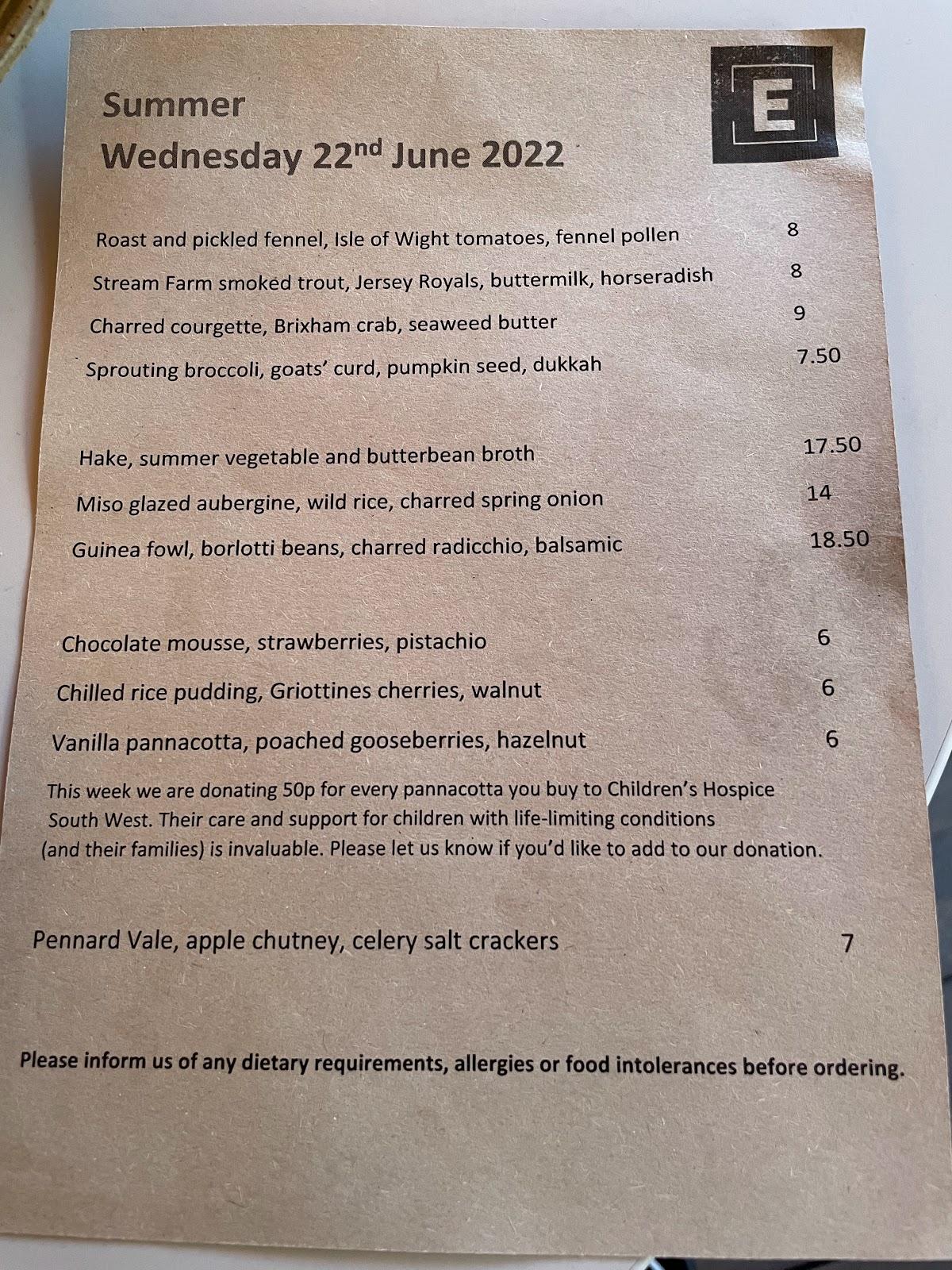 Menu at BOX-E restaurant, Bristol