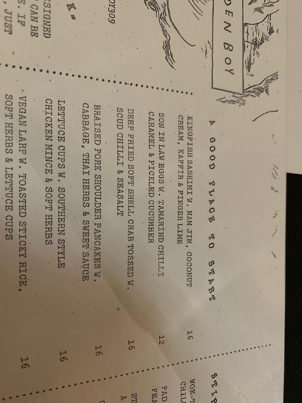 Menu at Golden Boy restaurant, Adelaide