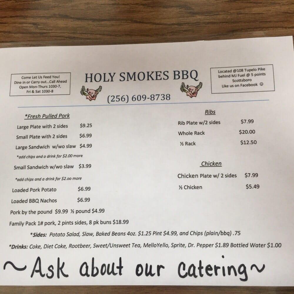 Menu at Holy Smokes Barbeque, Scottsboro