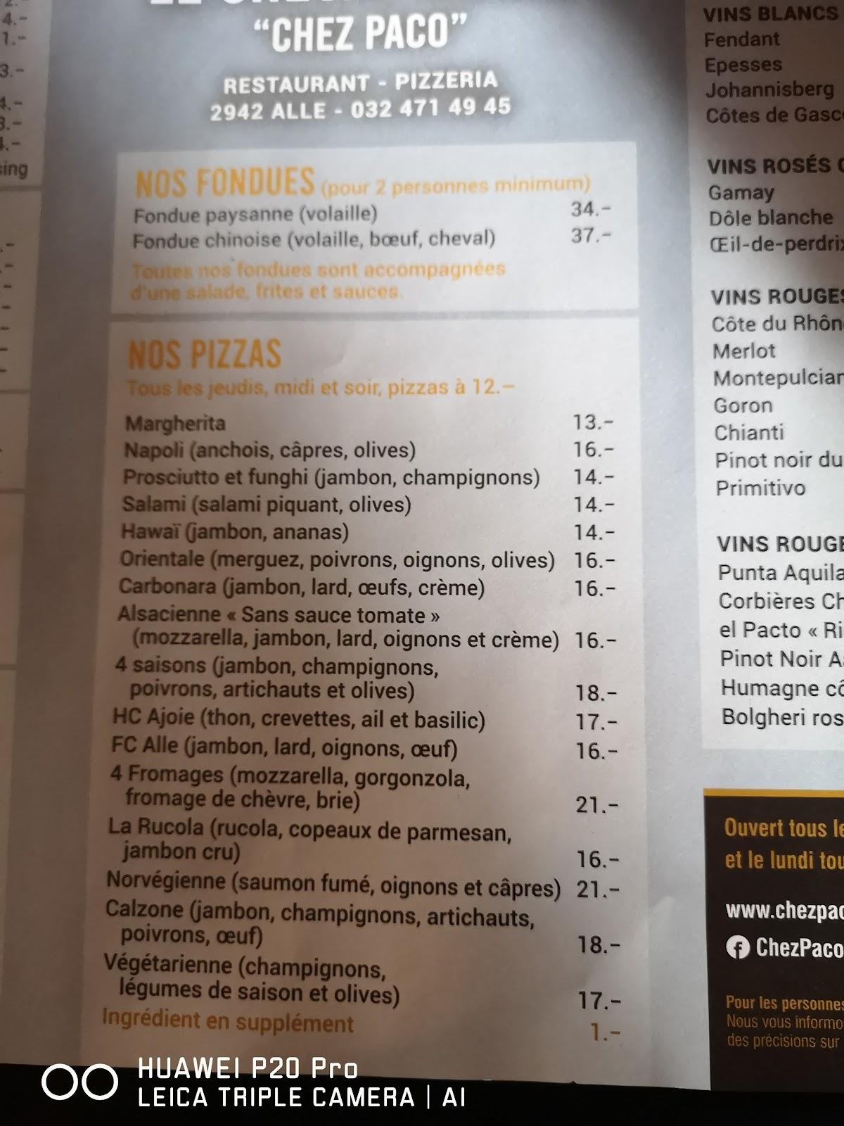 Menu da Le Cheval Blanc Chez Paco, Alle, Rte de Porrentruy 3