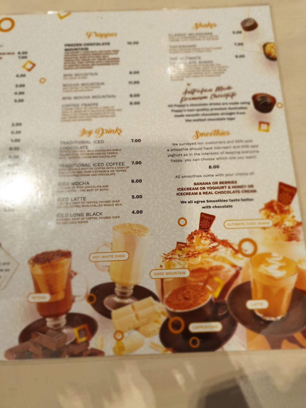 Menu at Poppy's Chocolate Robina restaurant, Robina