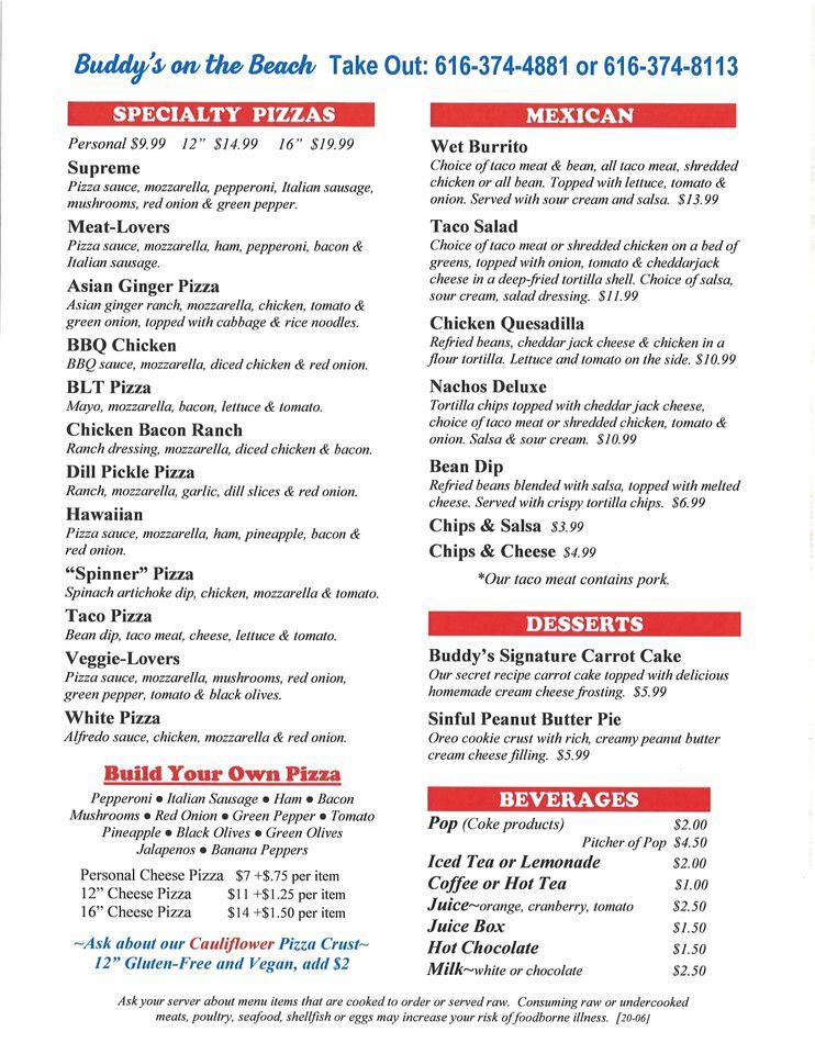 Menu at Buddy's on the Beach pub & bar, Lake Odessa