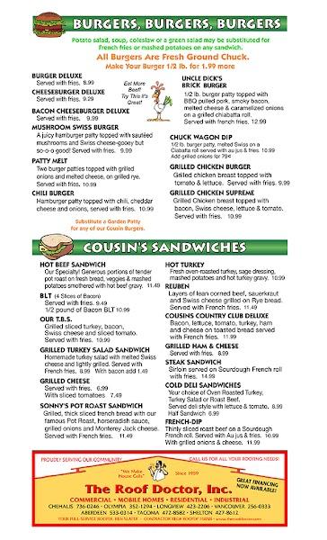 Menu at Country Cousin Restaurant, Centralia
