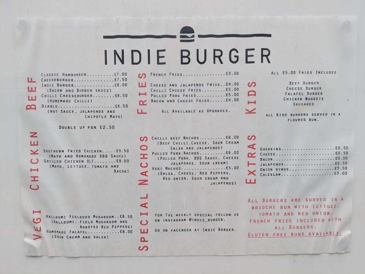 Menu at Indie Burger restaurant, Tenby