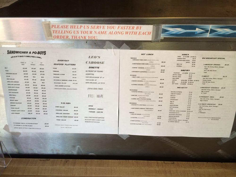 Menu at Leo Caboose restaurant, New Orleans