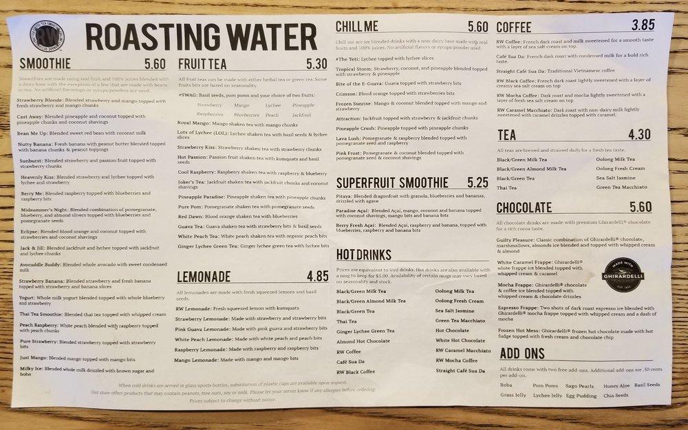 Carta del pub y bar Roasting Water, Fountain Valley, Edinger Ave