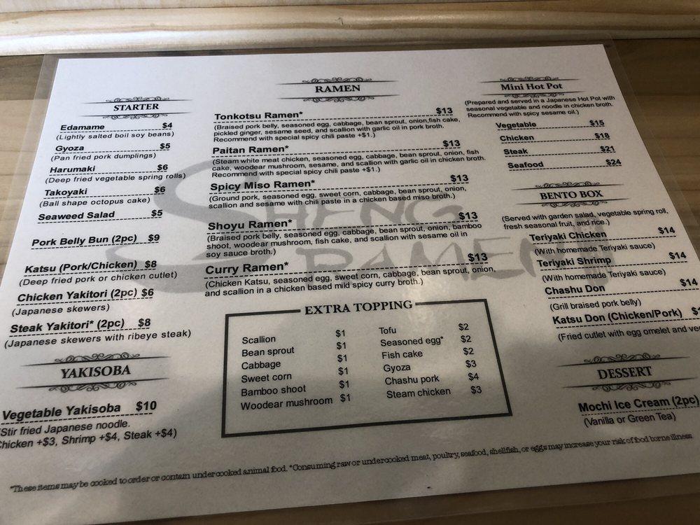 Menu at Sheng Ramen Ballantyne restaurant, Charlotte