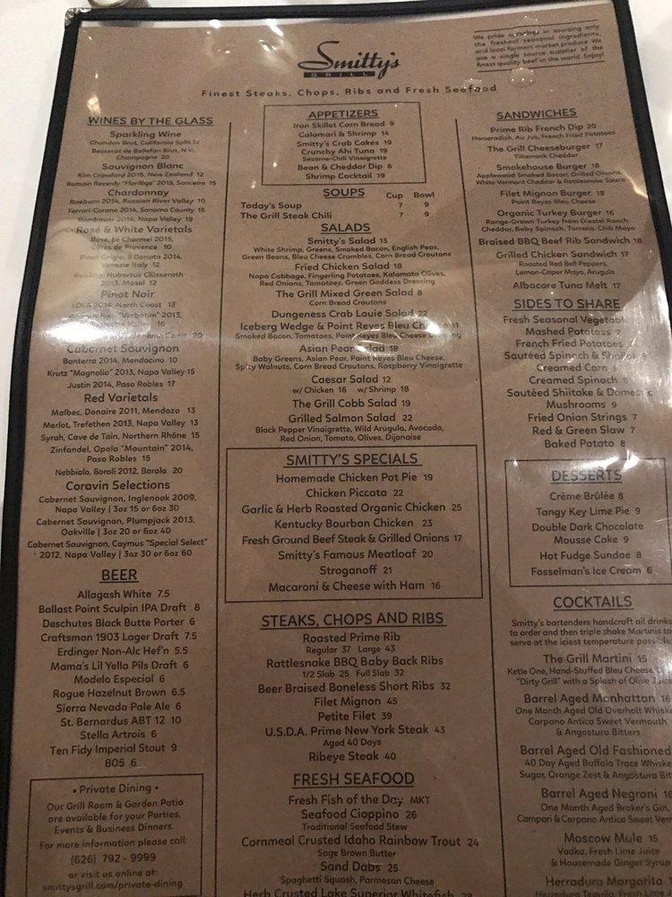 Menu at Smitty's Grill pub & bar, Pasadena