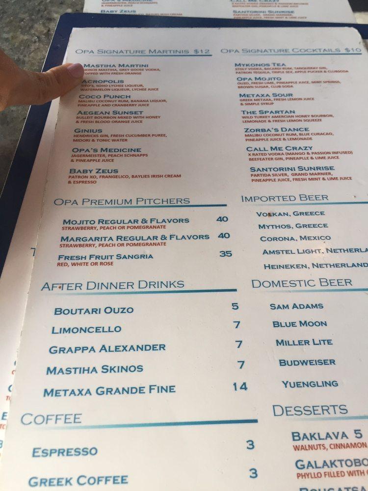 Menu at Taverna Opa restaurant, Hollywood