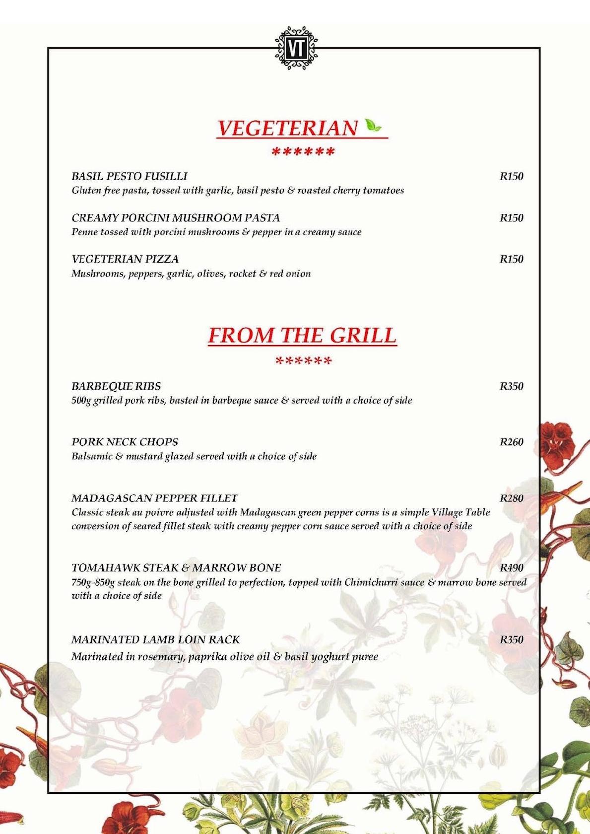 Menu at The Village Table restaurant, Durban