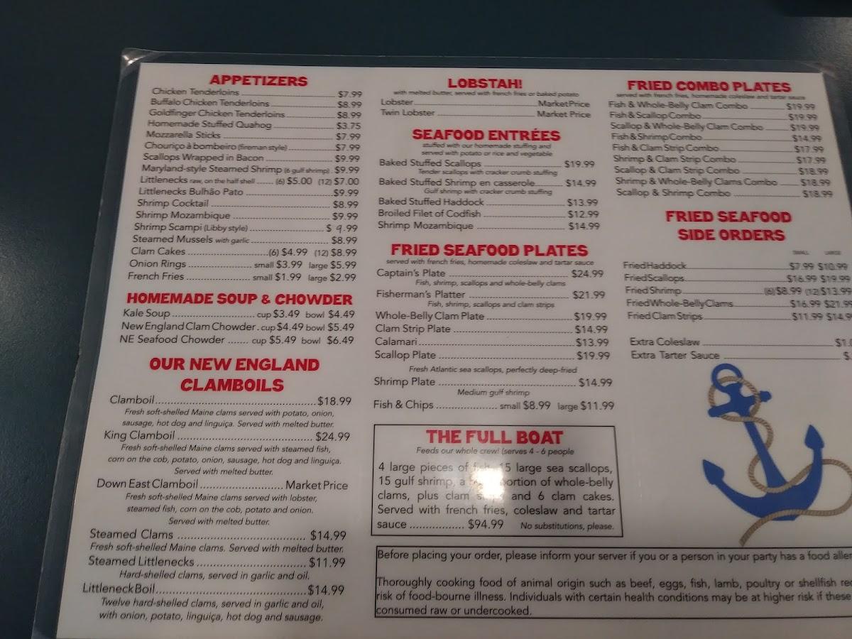 Menu at Barnacle Bill's Seafood, Wareham