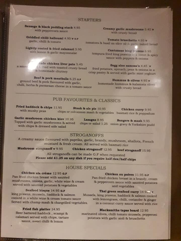 Menu at Blacksmiths Arms Coniston pub & bar, Hull