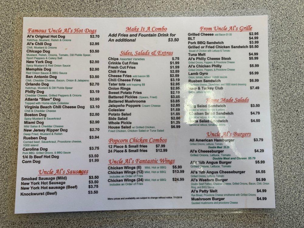 Menu at Famous Uncle Al's Hotdogs restaurant, Norfolk, N Military Hwy # 5