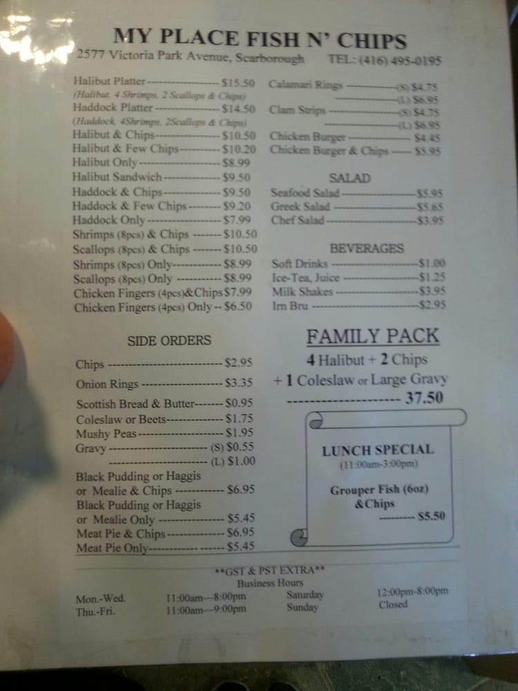 Menu at My Place Fish & Chips restaurant, Toronto