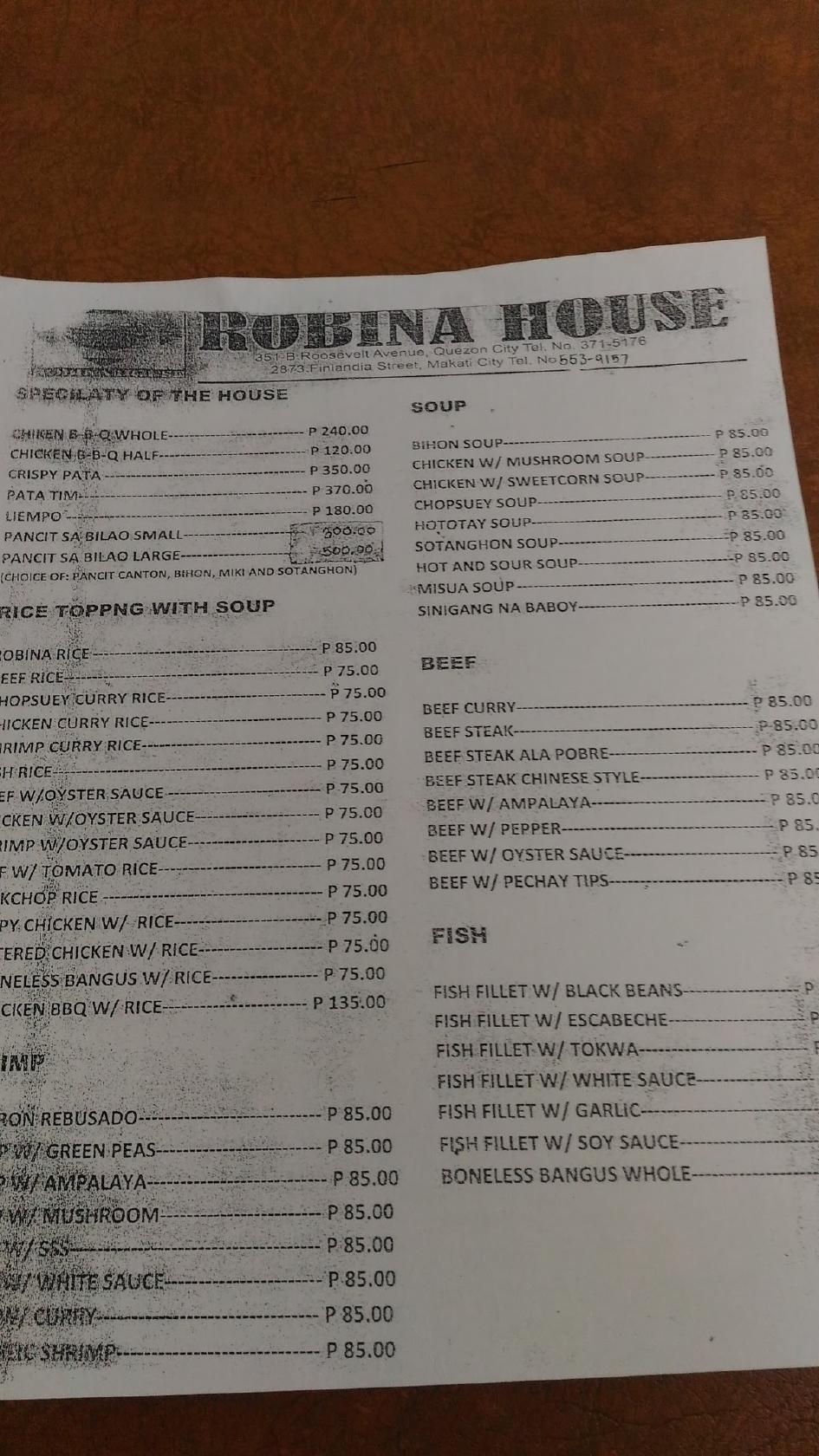 Menu at Robina Chicken Munoz restaurant, Quezon City