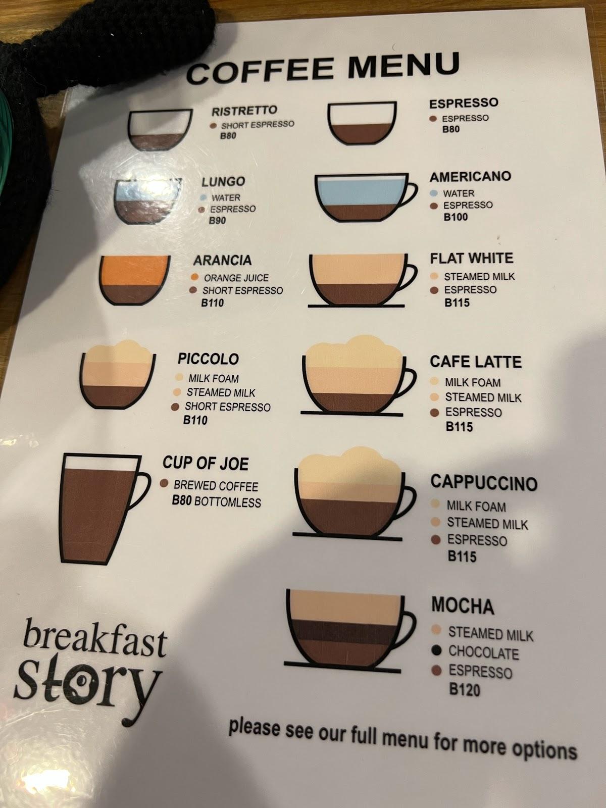 Menu at Breakfast Story Phrom Phong restaurant, Bangkok, 2nd Floor