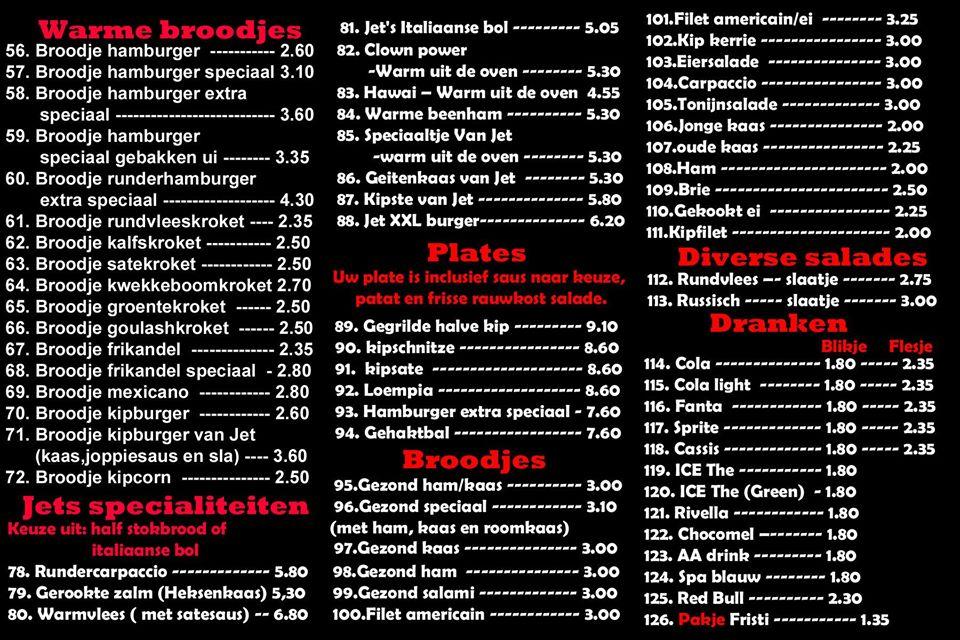 Menu at Cafetaria van Jet, Leeuwarden