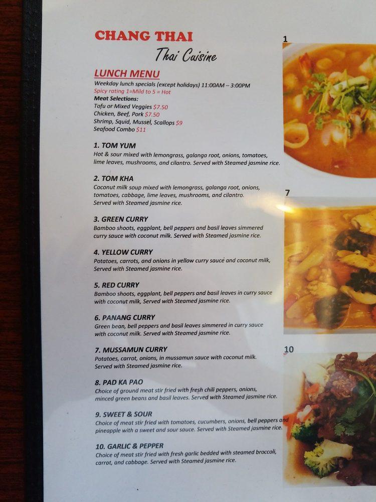 Menu at Chang Thai restaurant, Milwaukie