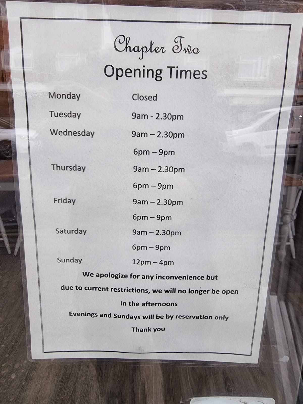 Menu at Chapter Two cafe, Bexhill