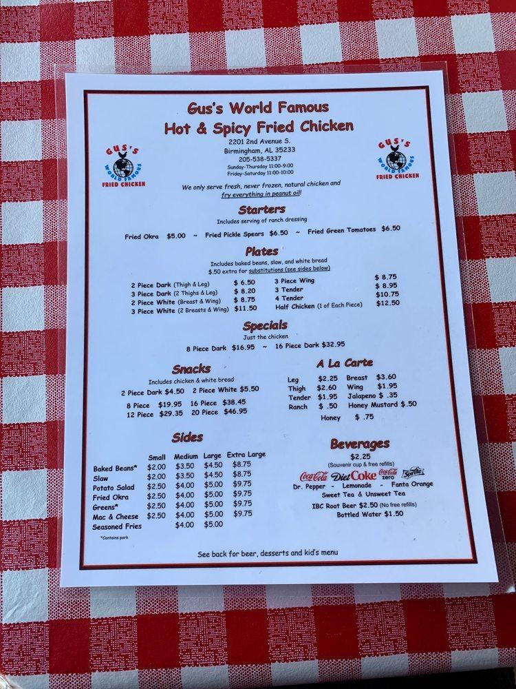 Menu at Gus's World Famous Fried Chicken restaurant, Birmingham