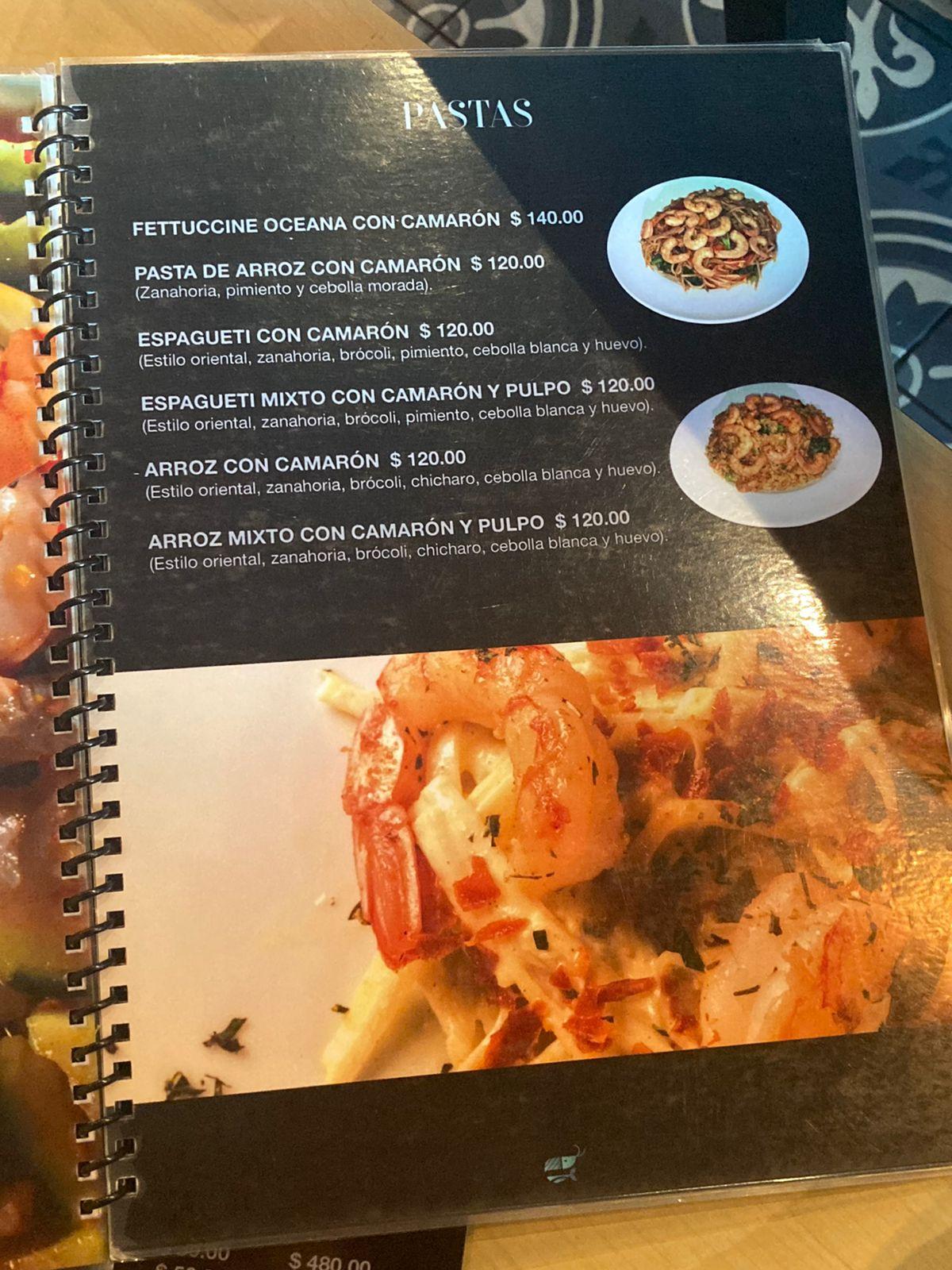 Menu at Oceana restaurant, Atlacomulco