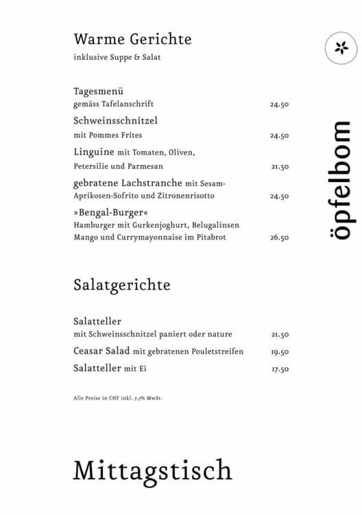 Speisekarte von Öpfelbom, Buchs