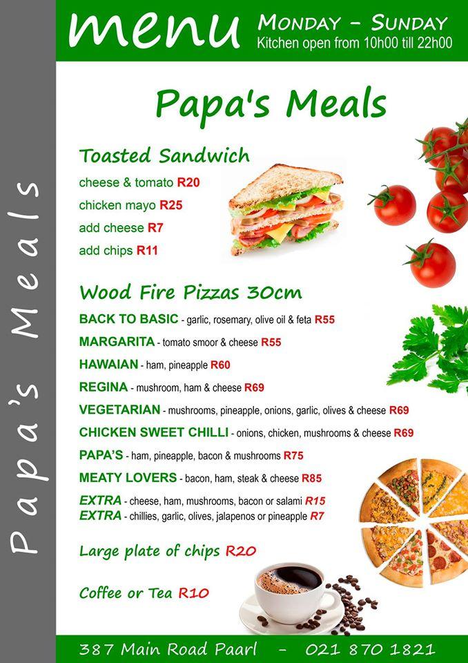 Menu at Papa's pub & bar, Paarl