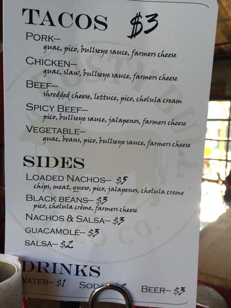 Menu at Rusty Bull Taco Co. restaurant, Toronto