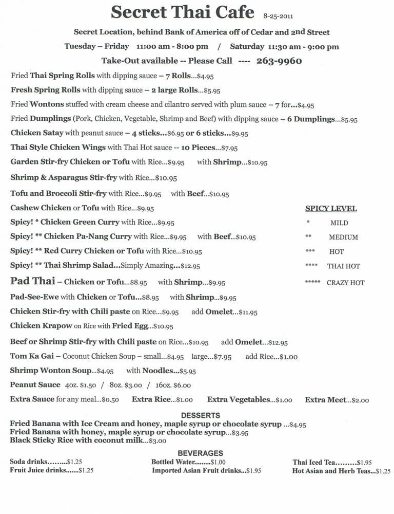 Menu at Secret Thai Cafe, Sandpoint