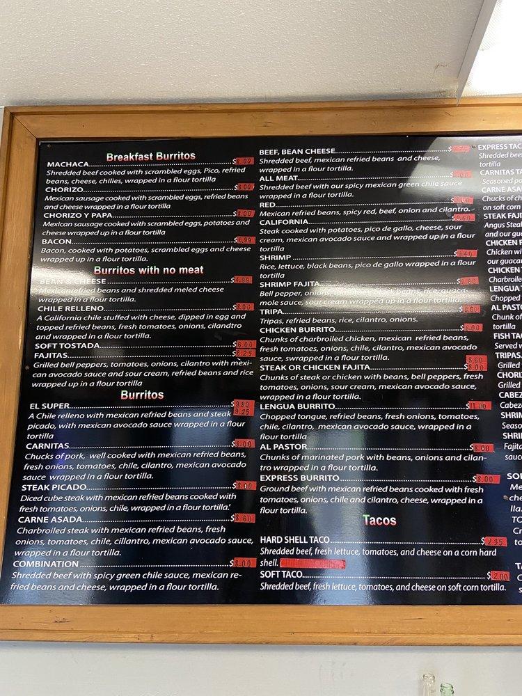 Menu at Super Taco Express restaurant, Vancouver