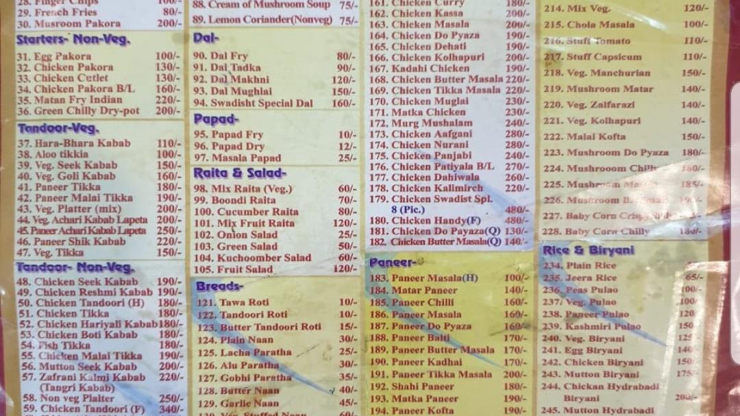 Menu at Swad Grih Family Restaurant, Rosera, Neemtalla Chawk