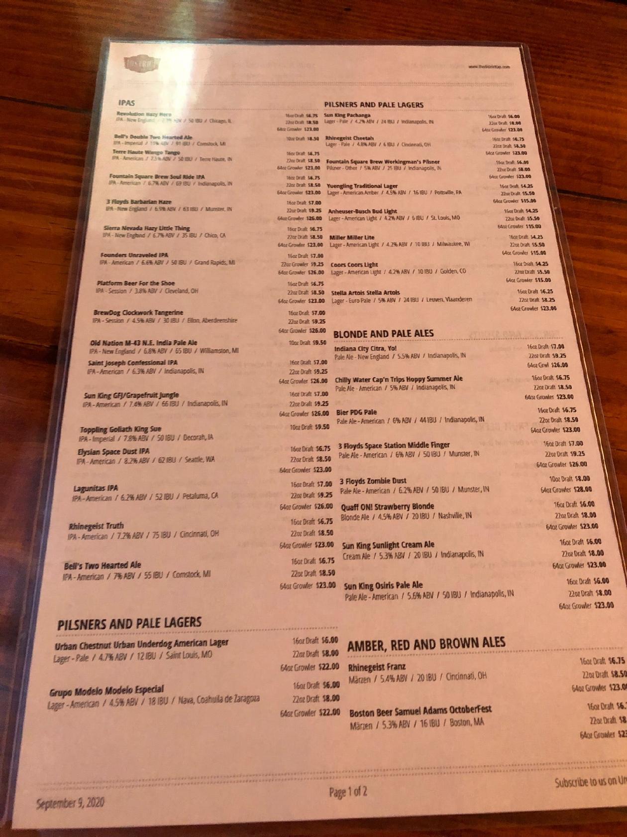 Menu at The District Tap pub & bar, Indianapolis, E 82nd St